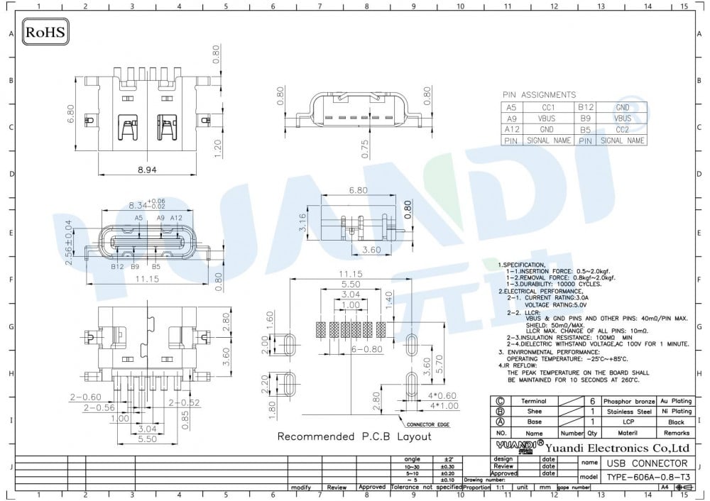 Yuandi TYPE-606A-0.8-T3 technical drawing