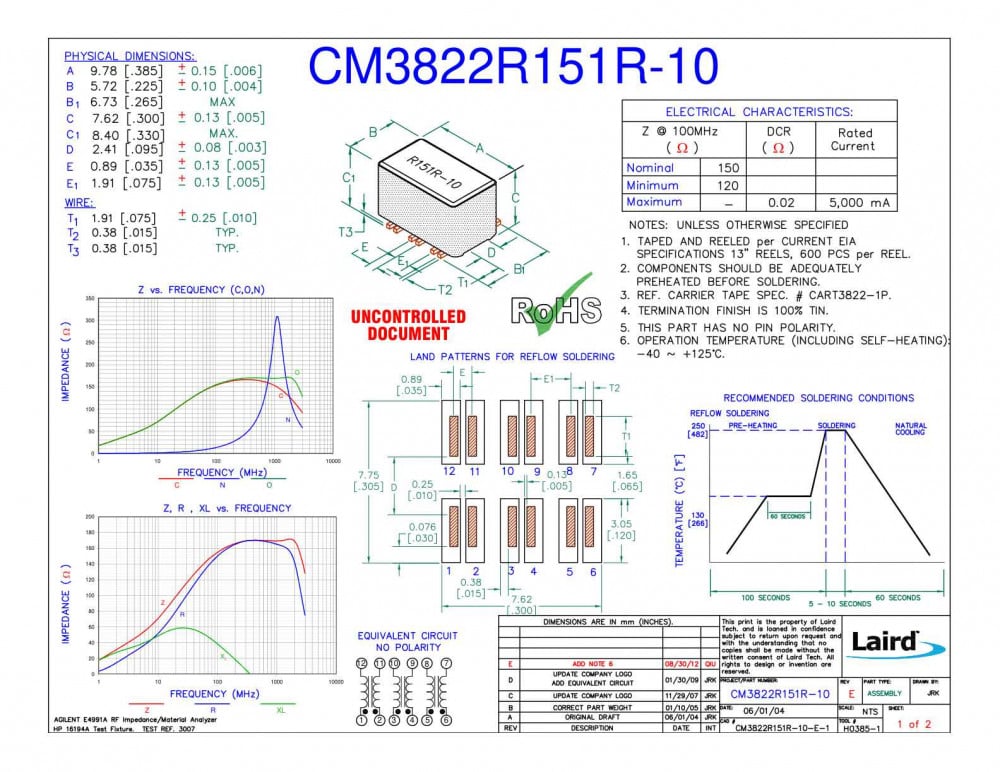 Laird CM3822R151R-10 technical drawing and specification page