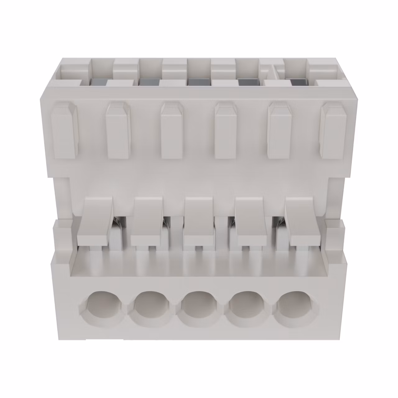 Appli-Mate RAST 2.5 IDT Housing, 2.50mm Pitch, Female, 5 Circuits, Beaded Terminal, All Position Keys, Slotted Endwalls, Polarizing Rib Between Circuits 4 & 5 for sale