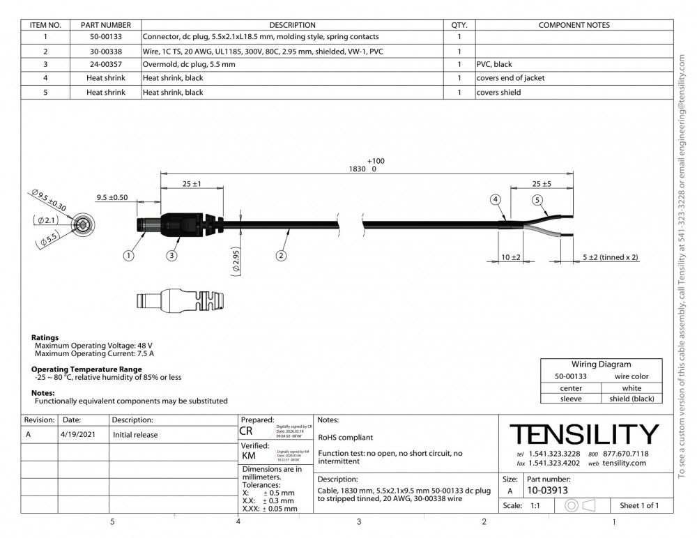 Tensility International 10-03913 cable assembly drawing