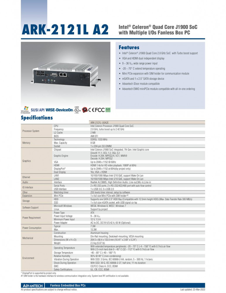 ADVANTECH ARK-2121L technical document page 1