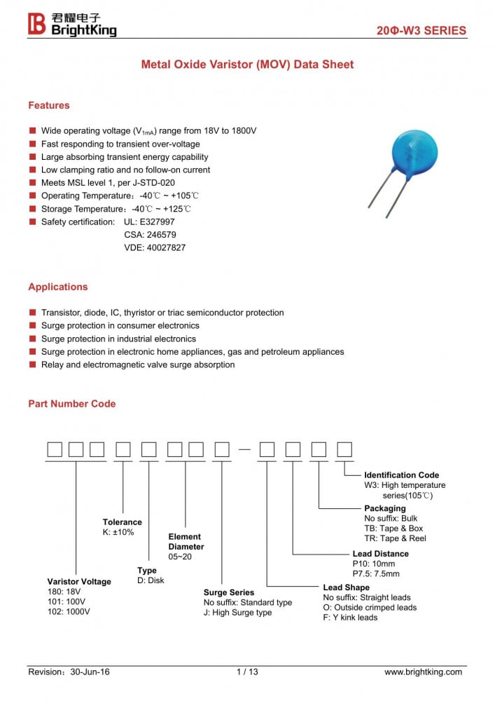 Brightking MOV datasheet page 1