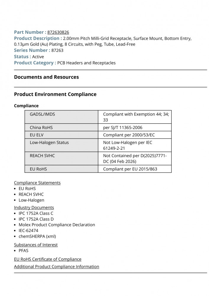 MOLEX 872630826 technical document page 1