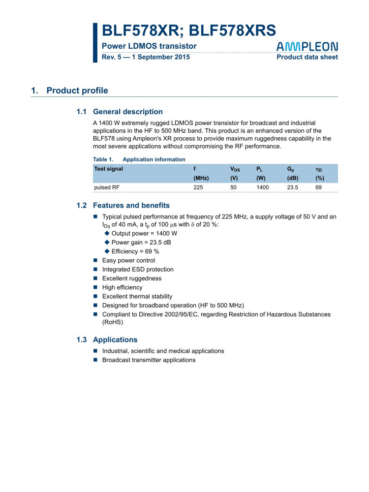 BLF578XR datasheet page 1