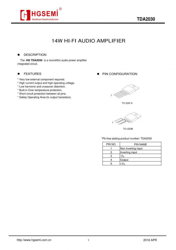 HGSEMI TDA2030 datasheet page 1