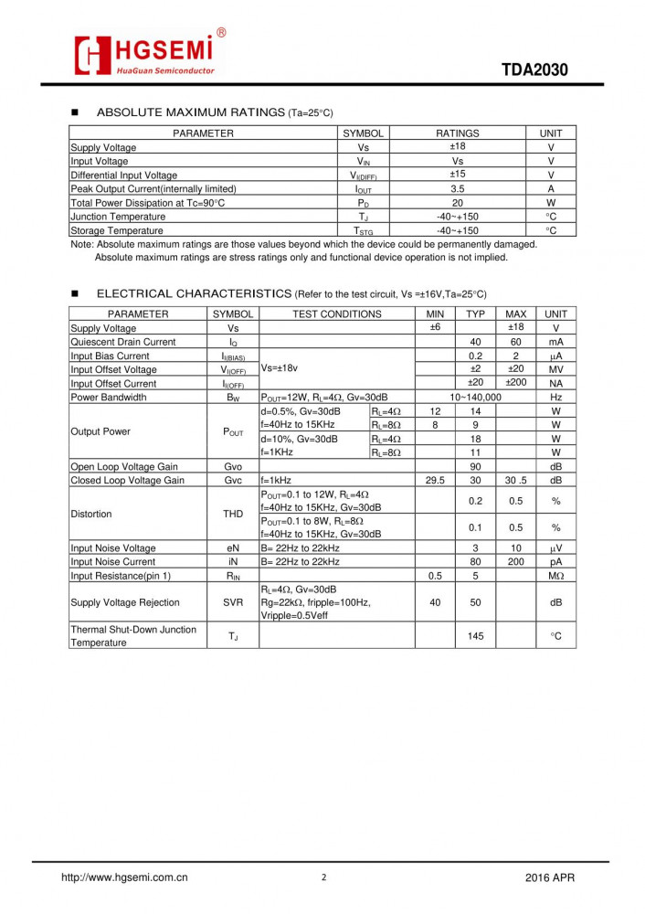 HGSEMI TDA2030 datasheet page 2