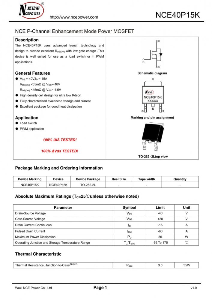 NCE40P15K datasheet page 1