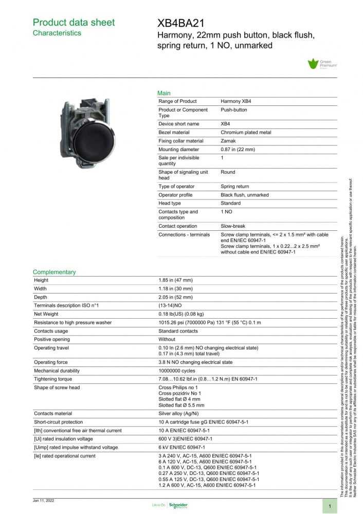 XB4BA21 technical document page 1