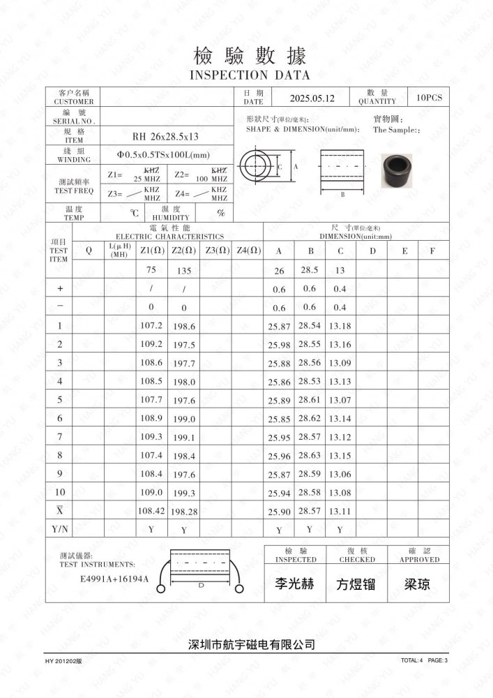 RH26*28.5*13 inspection data page