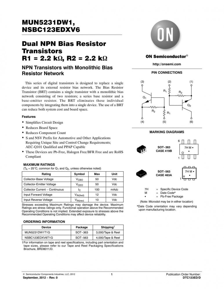 SMUN5231DW1T1G datasheet page 1