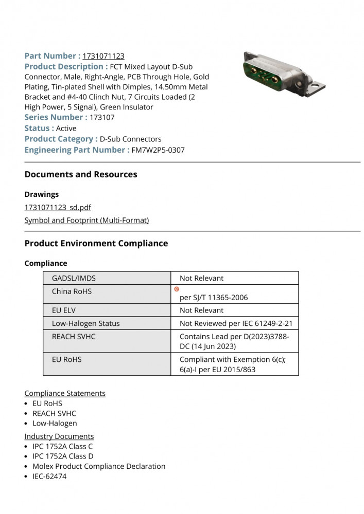 MOLEX 1731071123 technical document, page 1