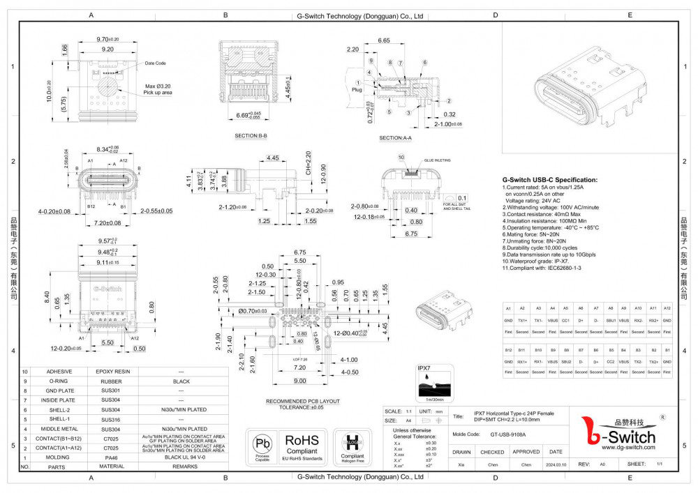 GT-USB-9108A technical drawing page 1