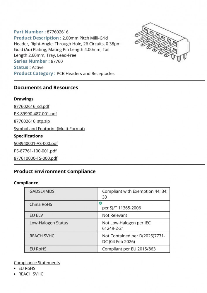 MOLEX 877602616 technical document page 1