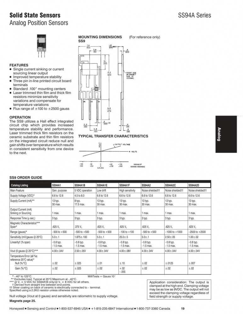 Honeywell SS9 order guide page