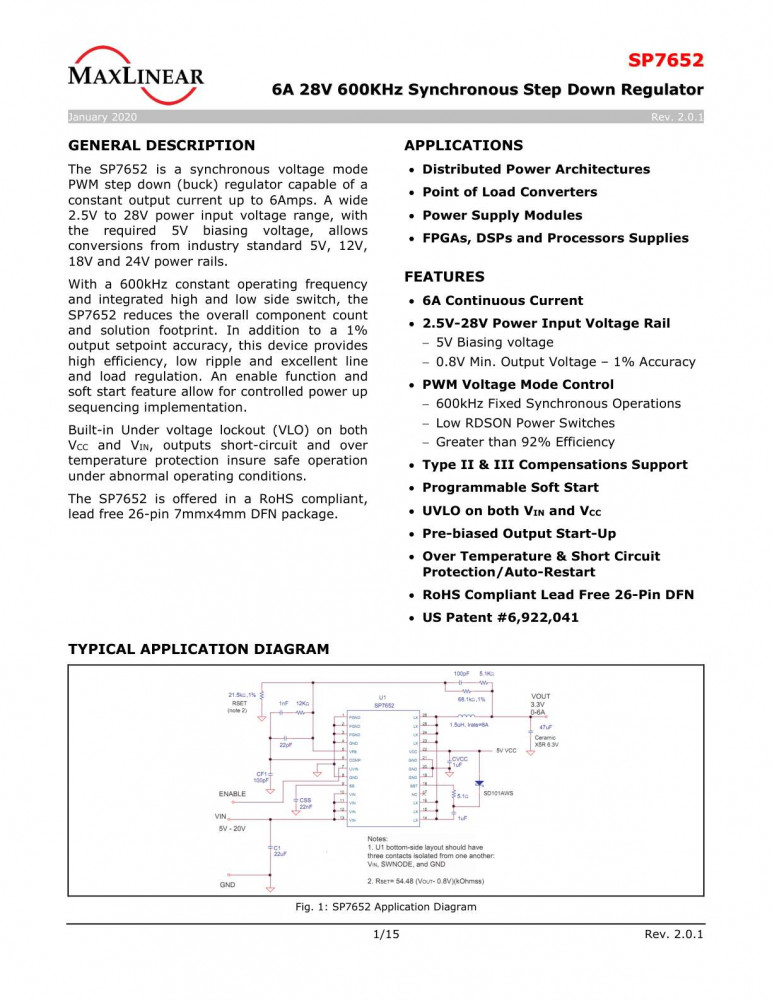 SP7652 datasheet page 1