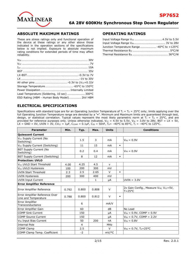 SP7652 datasheet page 2