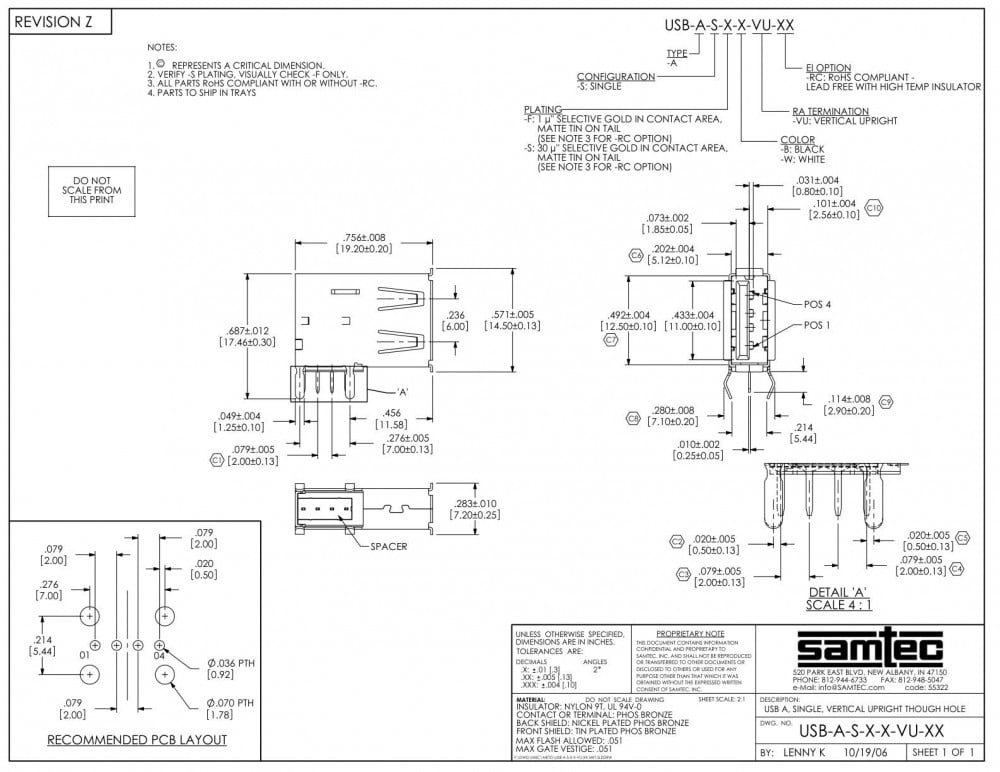 Samtec USB-A-S-S-W-VU technical drawing