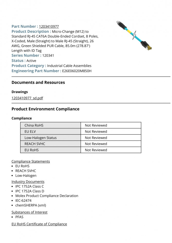 Molex cable assembly drawing, page 1