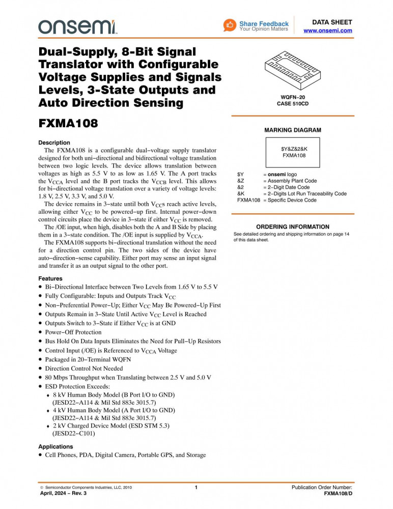 FXMA108 datasheet page 1