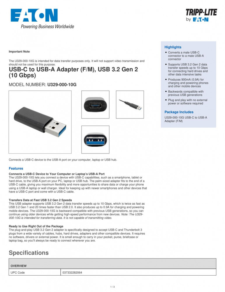 U329-000-10G technical document page 1