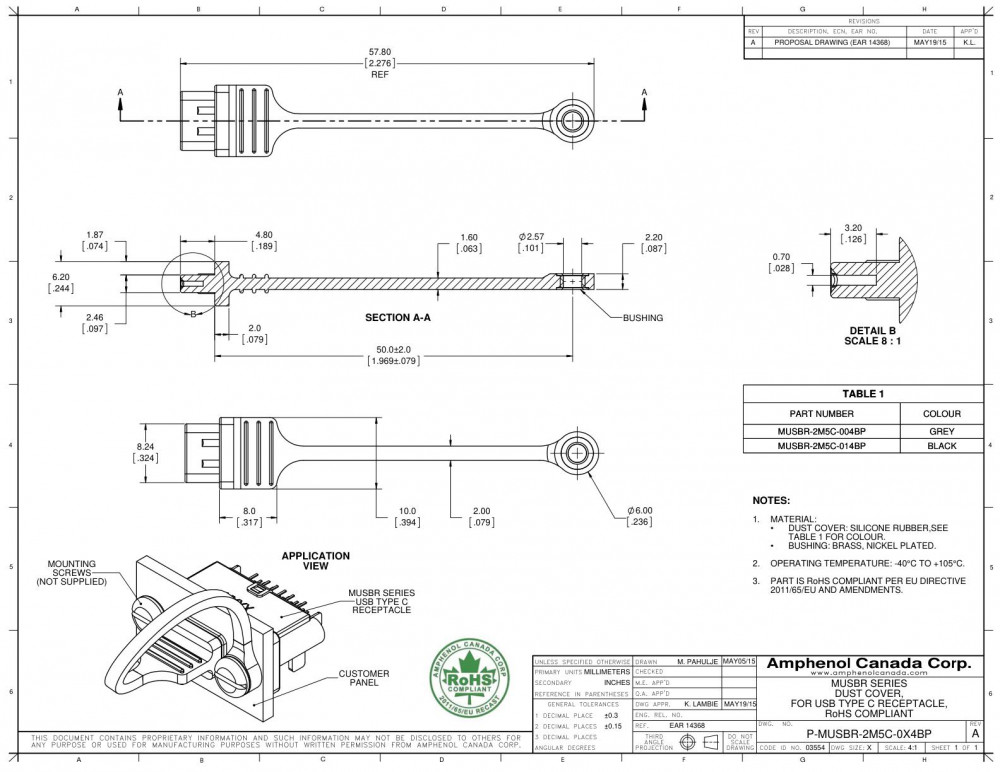 Amphenol MUSBR Series USB Type-C receptacle dust cover engineering drawing