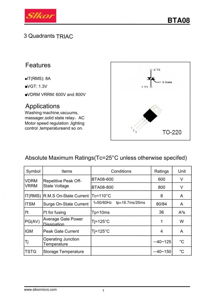 BTA08-800B datasheet page 1
