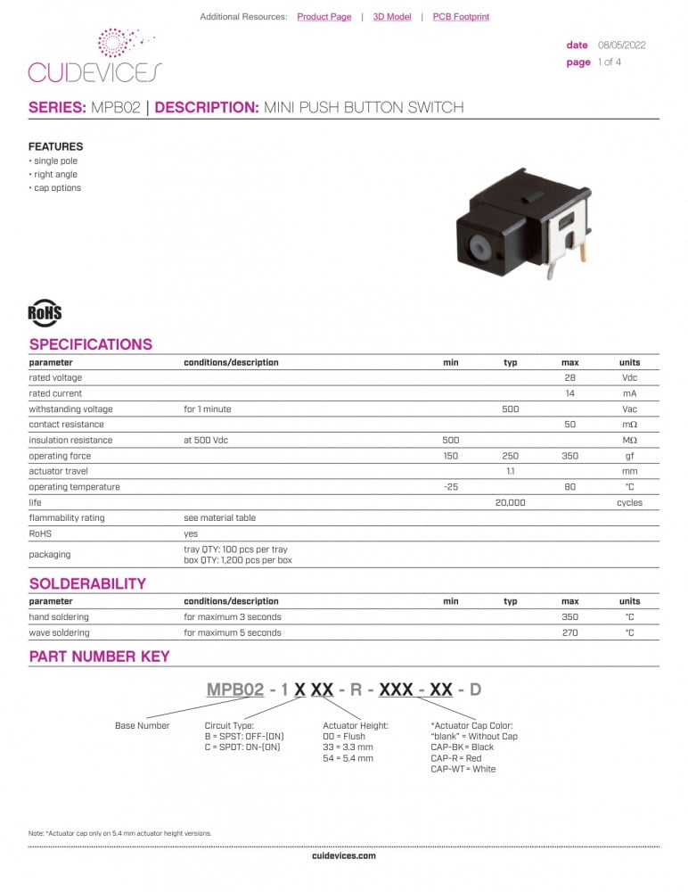 CUI MPB02-1C54-R-CAP-BK-D datasheet page 1