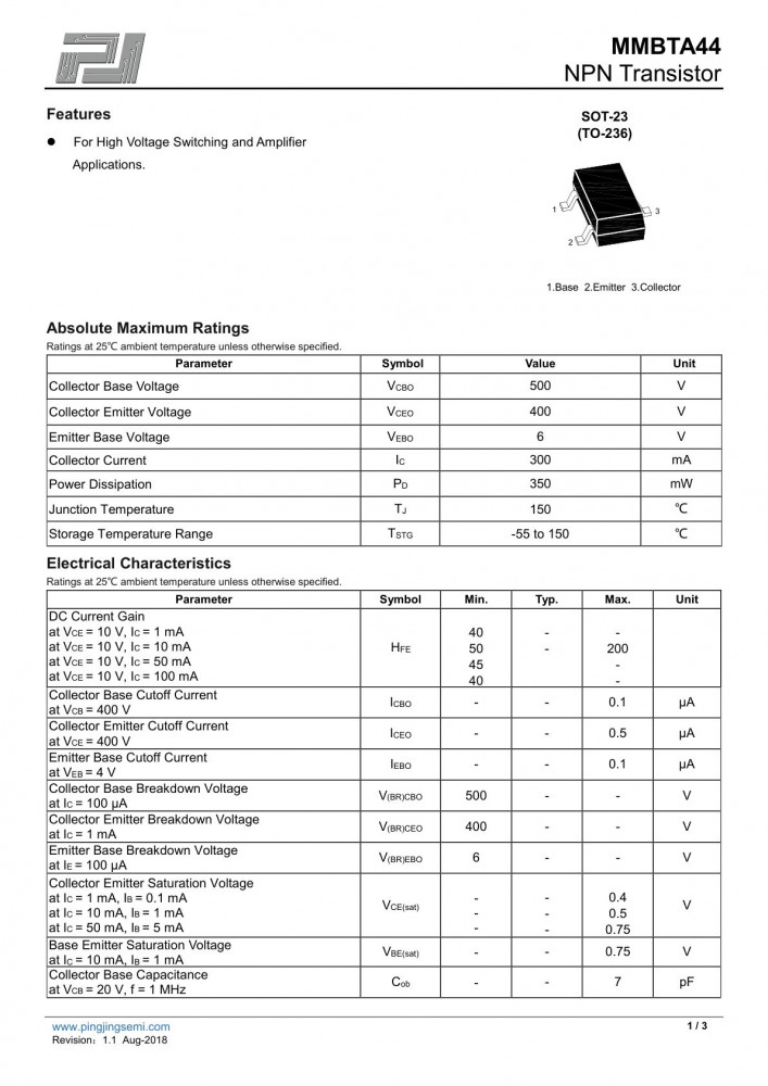 MMBTA44 datasheet page 1