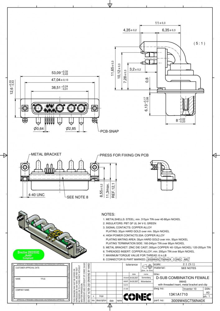 Conec 3009W4SCT56N40X drawing sheet 1: connector assembly and material notes