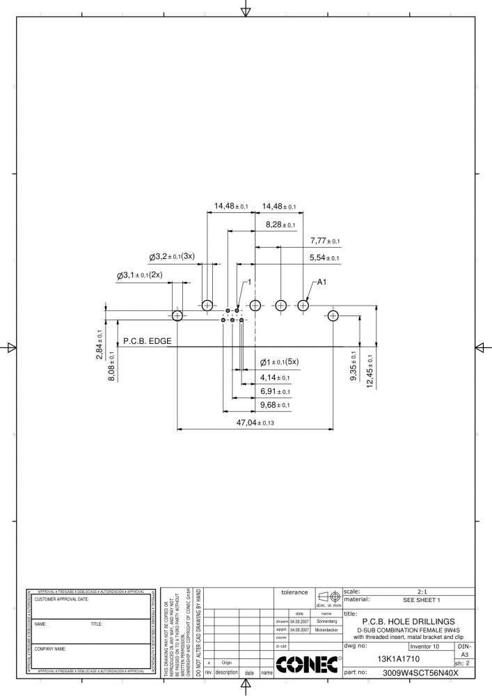 Conec 3009W4SCT56N40X drawing sheet 2: PCB hole drilling pattern