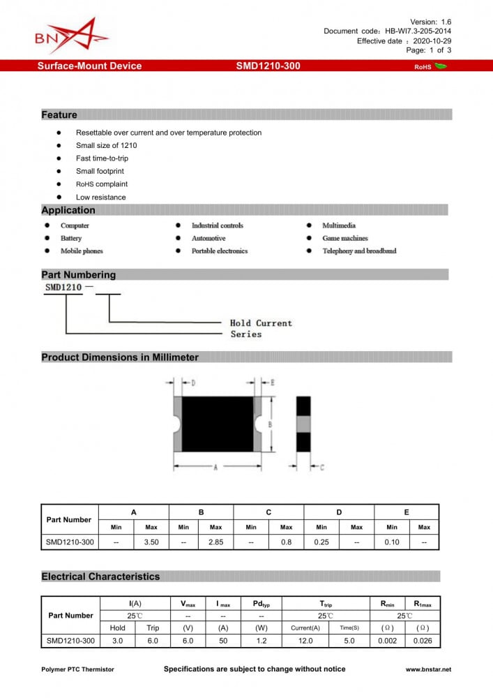 BNstar SMD1210-300 datasheet page 1