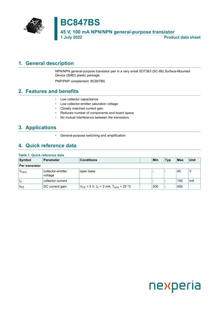 BC847BS datasheet page 1