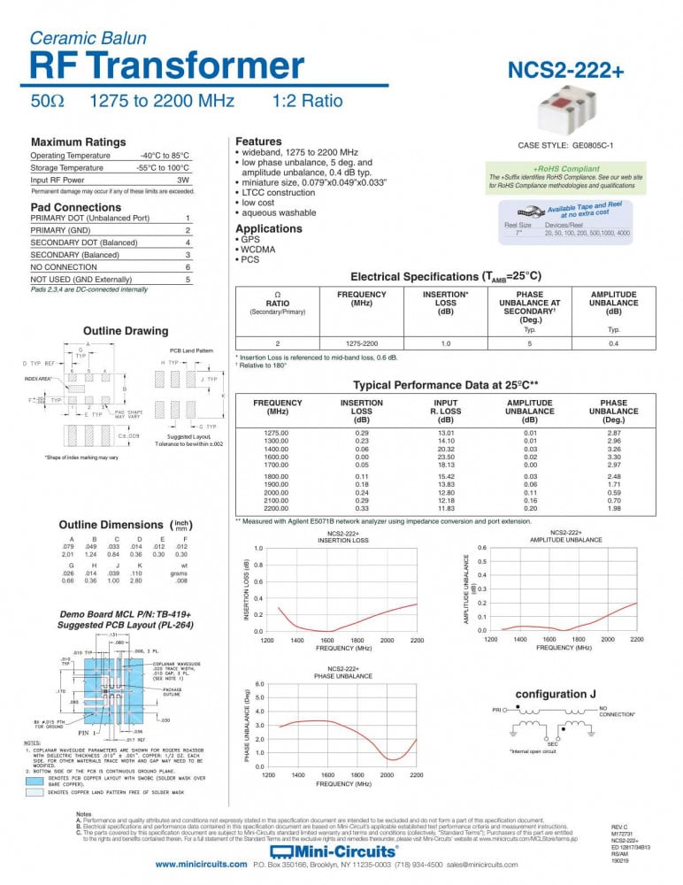 Mini-Circuits NCS2-222+ technical document page