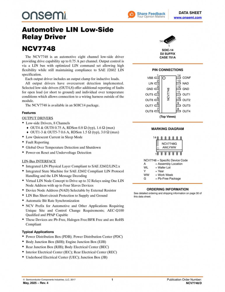 NCV7748 datasheet page 1