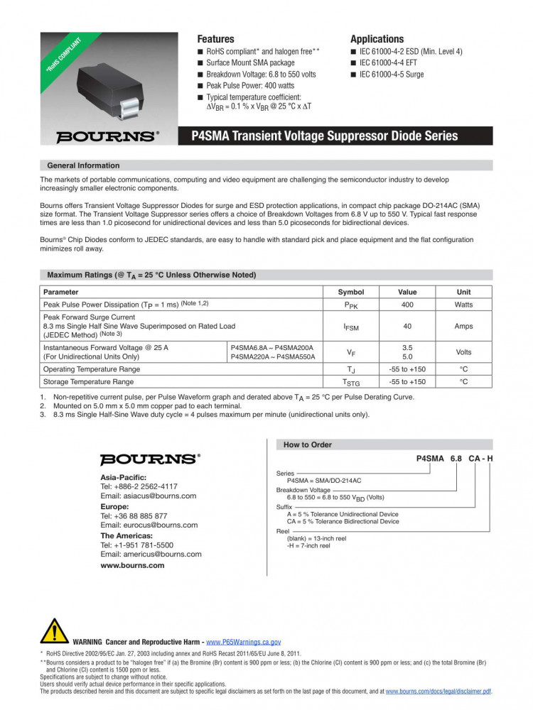 BOURNS P4SMA datasheet page 1