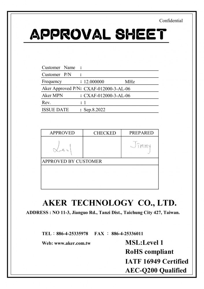 AKER CXAF-012000-3-AL-06 approval sheet page 1