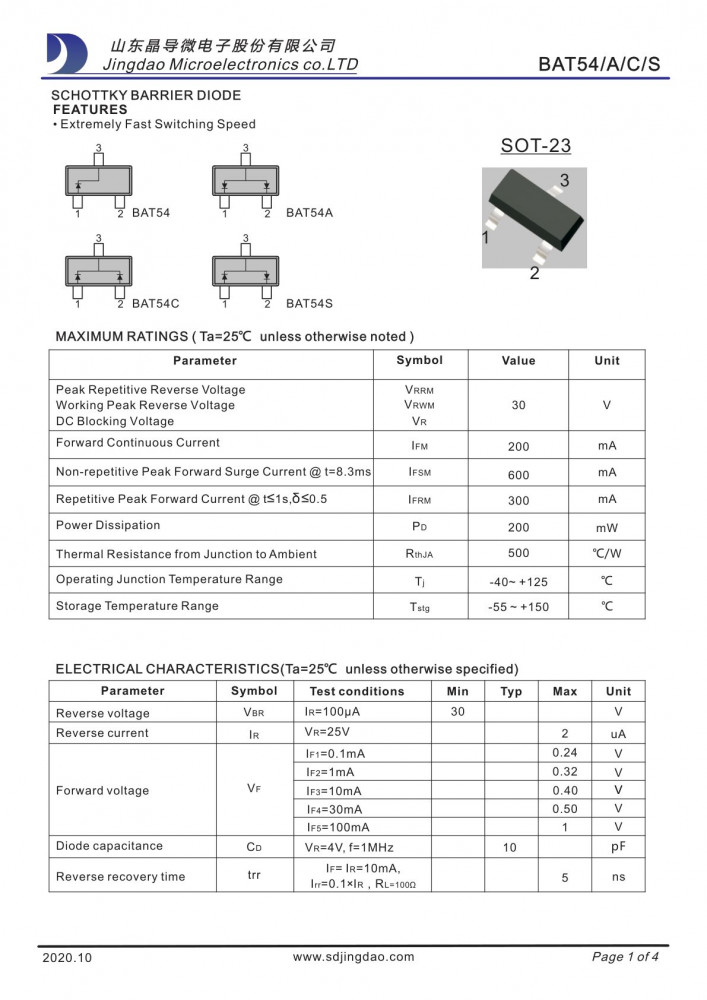 BAT54A datasheet page 1