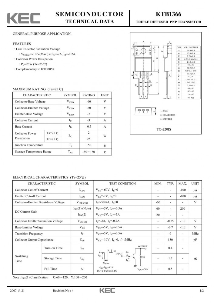 KTB1366-Y-U/PF datasheet page 1