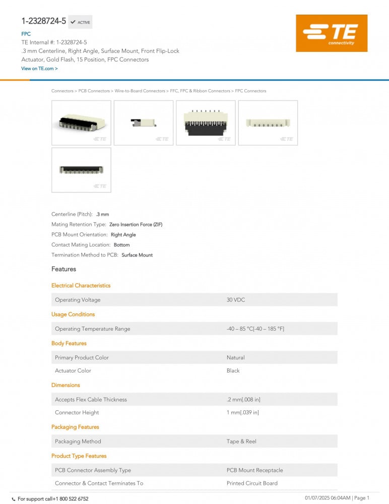 TE Connectivity product document page 1