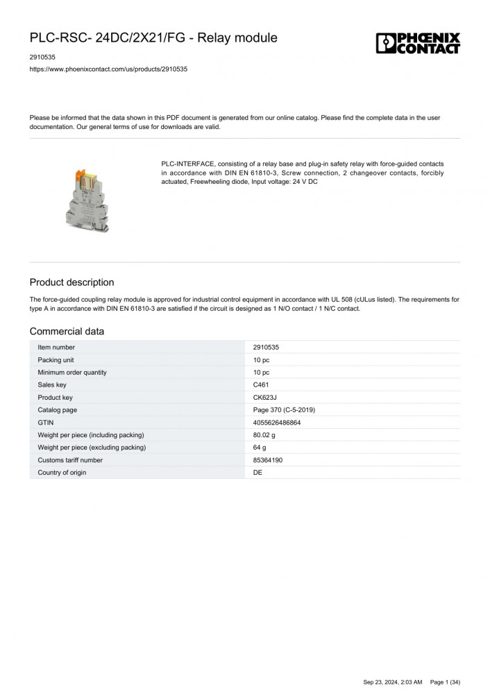 Phoenix Contact 2910535 technical document page 1