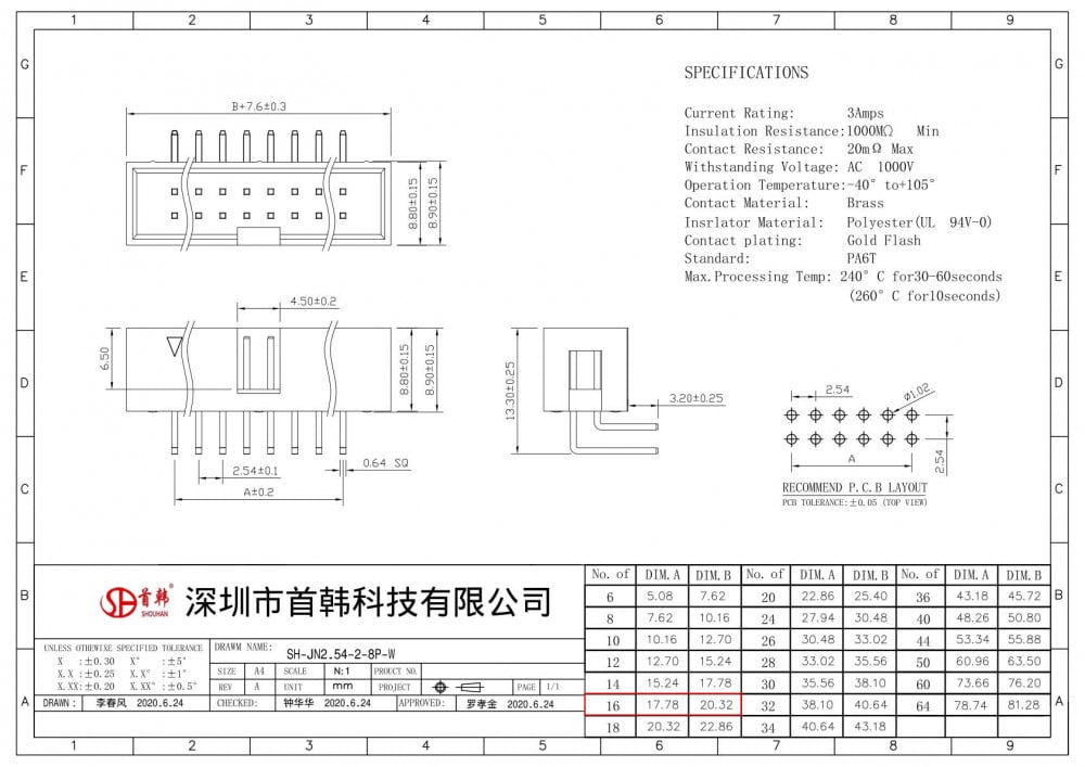 SH-JN2.54-2-8P-W technical drawing preview