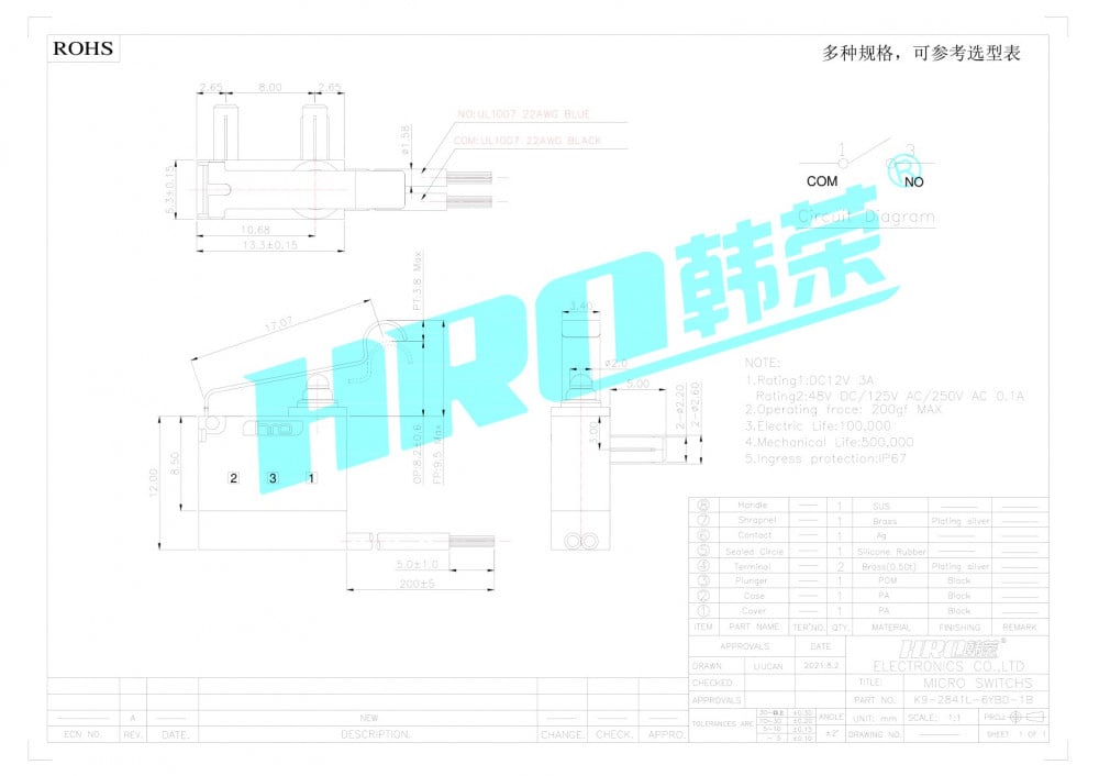 K9-2841L-6YBD-1B technical drawing and circuit diagram