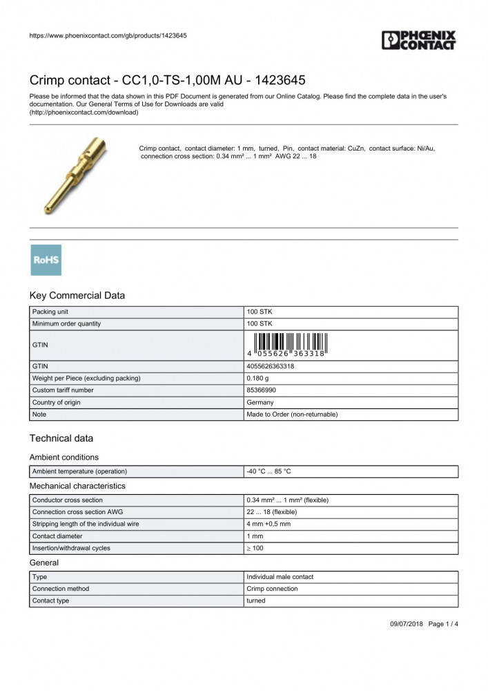Phoenix Contact 1423645 technical document page 1