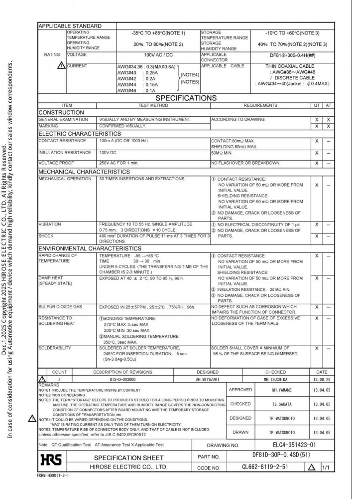 HRS DF81D-30P-0.4SD(51) specification sheet