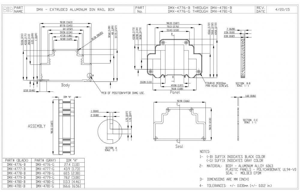 DMX series product drawing showing part-number variants and Dimension A