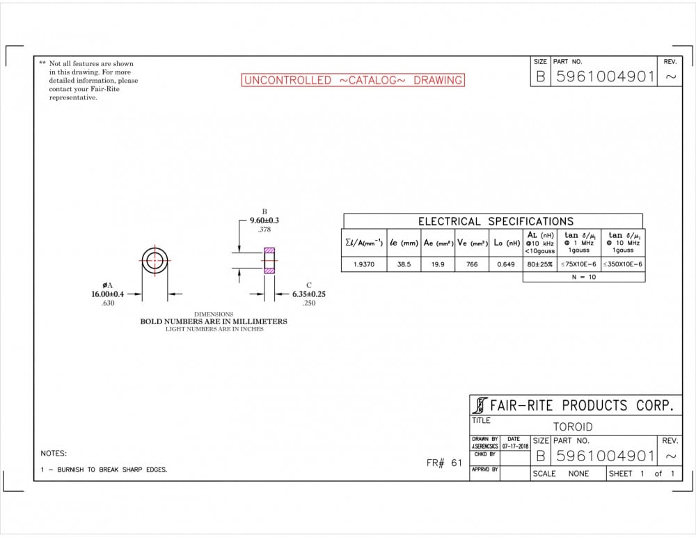 Fair-Rite 5961004901 technical document preview