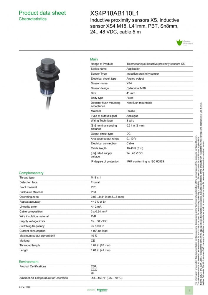 XS4P18AB110L1 technical document page 1