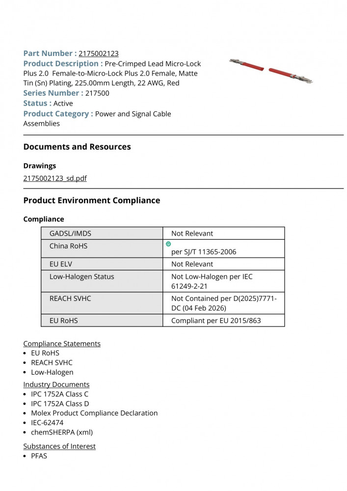 MOLEX 2175002123 product drawing, page 1