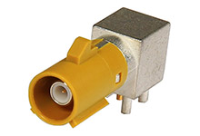 FAKRA Jack, Right-Angle, PCB Receptacle, Through Hole, Die Cast and Brass Body, Tin (Sn) Plated, Anti-tip Feature, Keying Code H/Violet, 50 Ohms