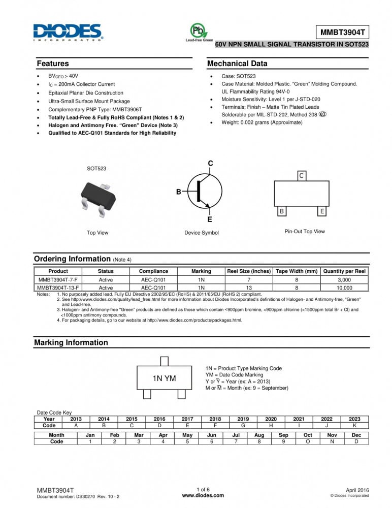 MMBT3904T-7-F datasheet page 1